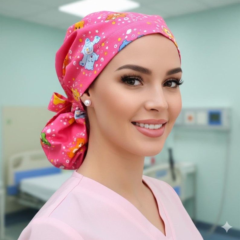 Small, Protect Hair W/teddy Bear Hugs Satin Lined Scrub Hat, Satin ...