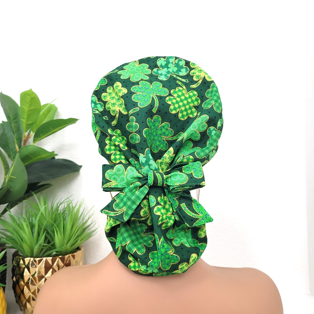 Medium St Patrick's Day Satin Lined Ponytail Scrub Hat, Protect Hair W ...