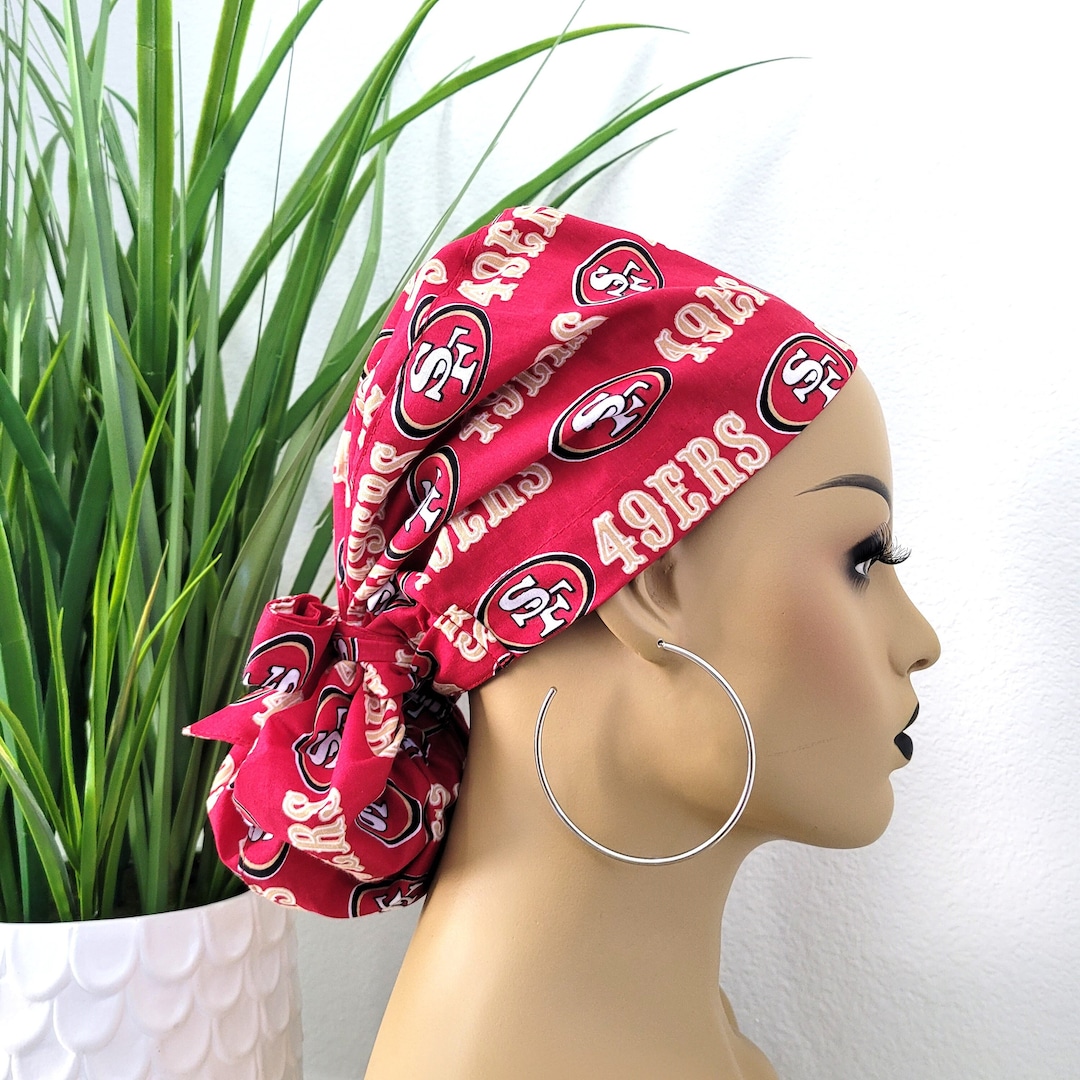 Medium 49ers Satin Lined Scrub Hat, Protect Hair W/satin Lined Ponytail ...