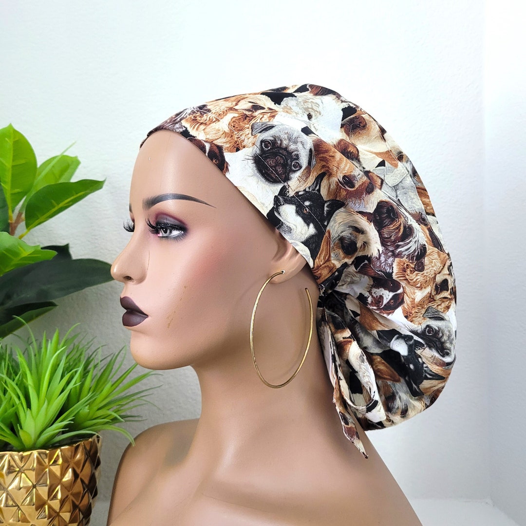 Large, Puppy Love Satin Lined Scrub Hat, Protect Hair W/satin Lined ...