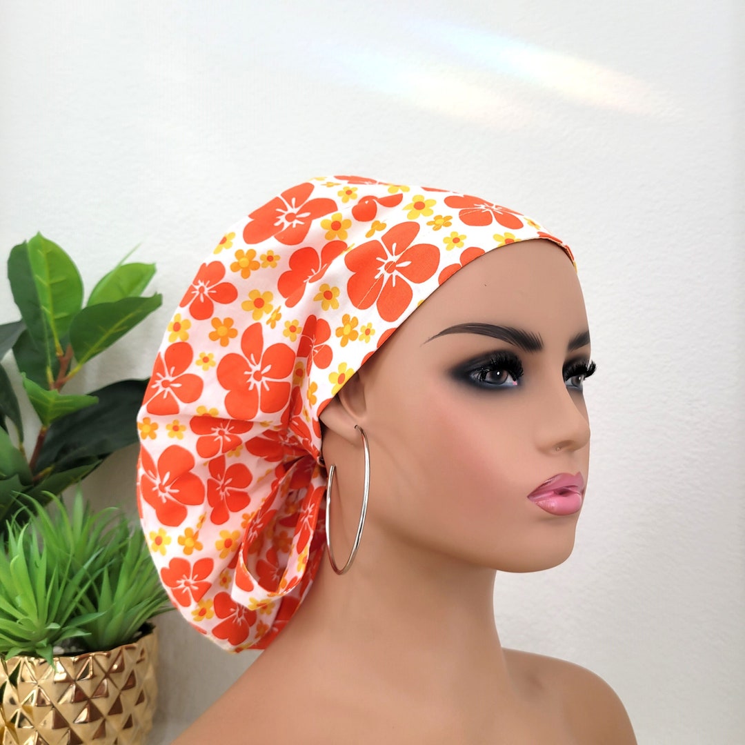 Large, Hawaiian Print Satin Lined Scrub Hat, Protect Hair W/satin Lined ...