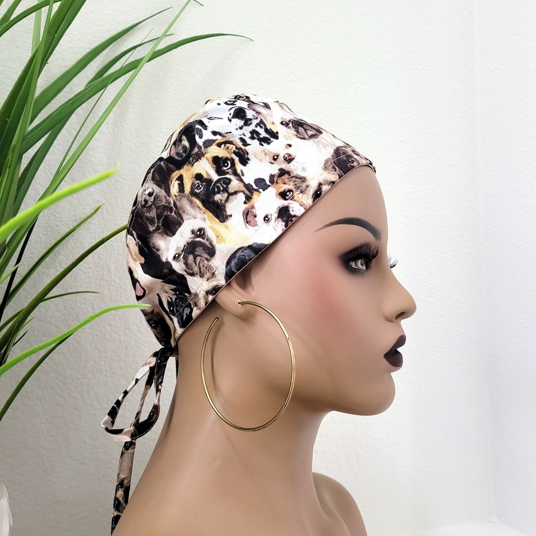 Large Puppy Love Satin Lined Dog Scrub Hat, Protect Hair W/satin Lined ...