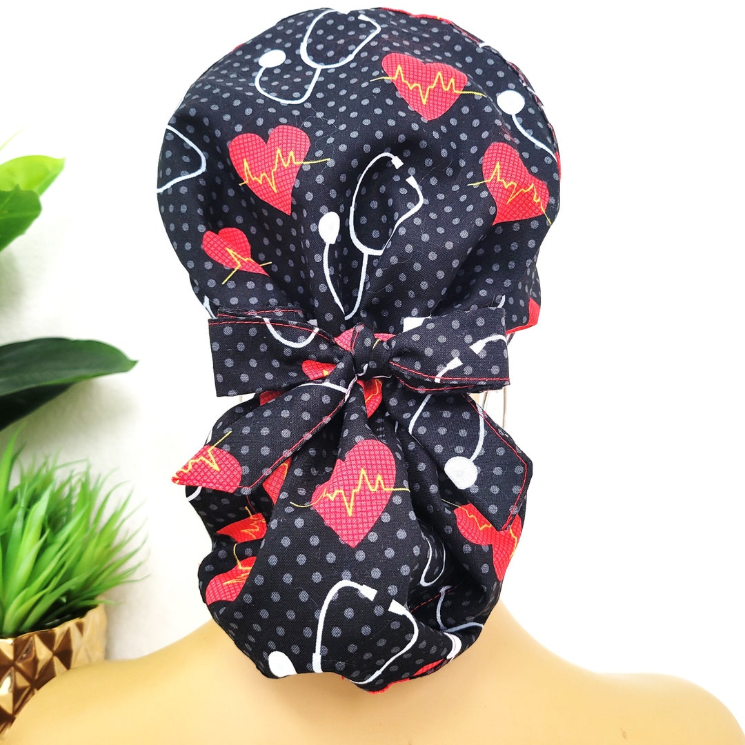 Large Stethoscopes Hearts Satin Lined Scrub Hat Protect Hair W Satin