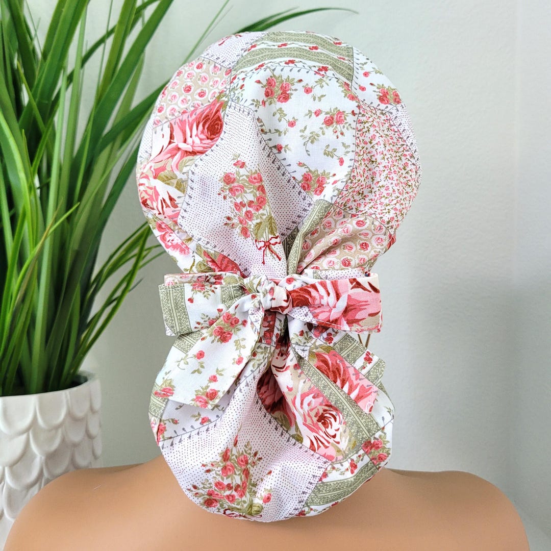 Large, Floral Patchwork Satin Lined Scrub Cap, Protect Hair W/satin ...