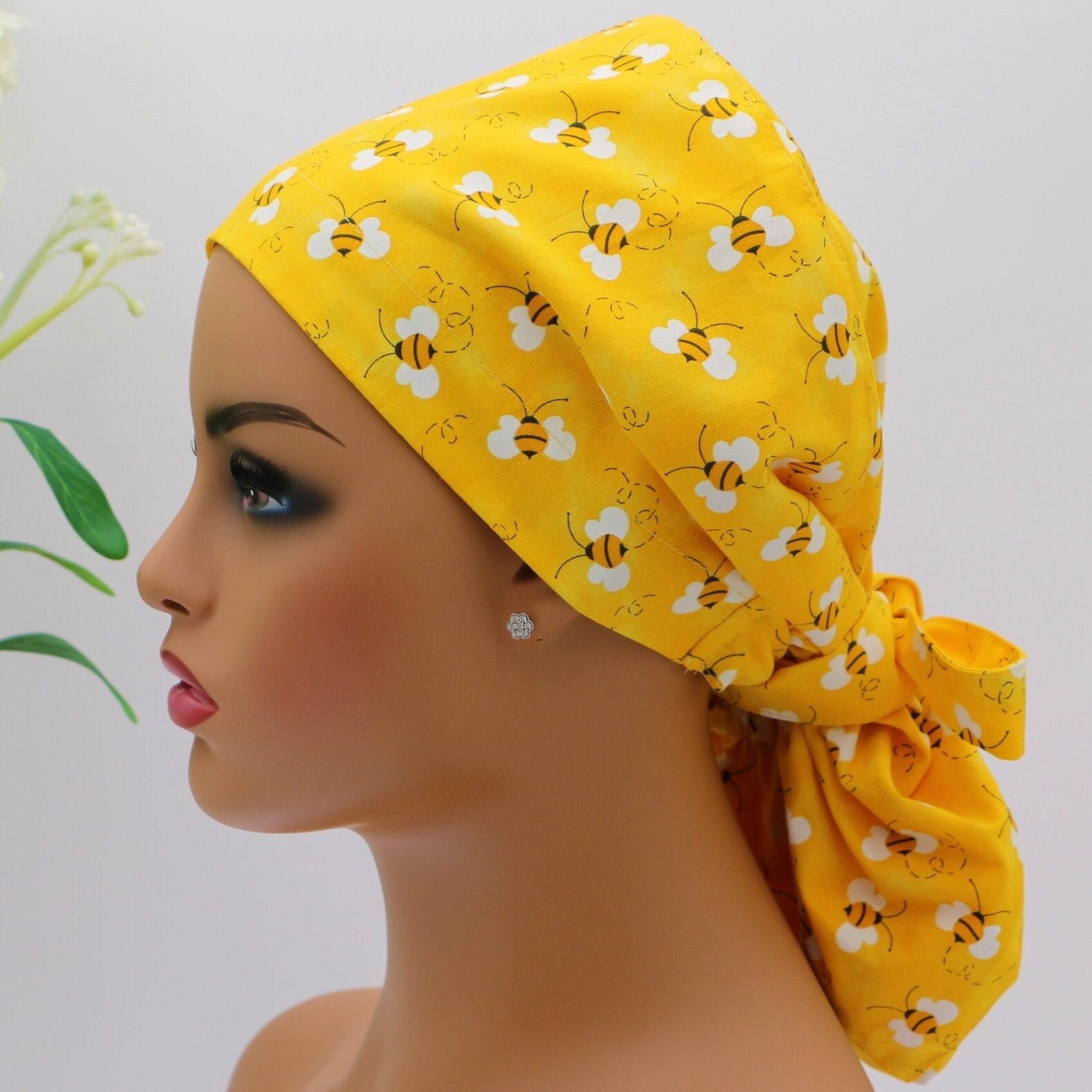 Small Busy Bee Scrub Cap, Protect Hair W/satin Lined Ponytail Scrub Cap ...