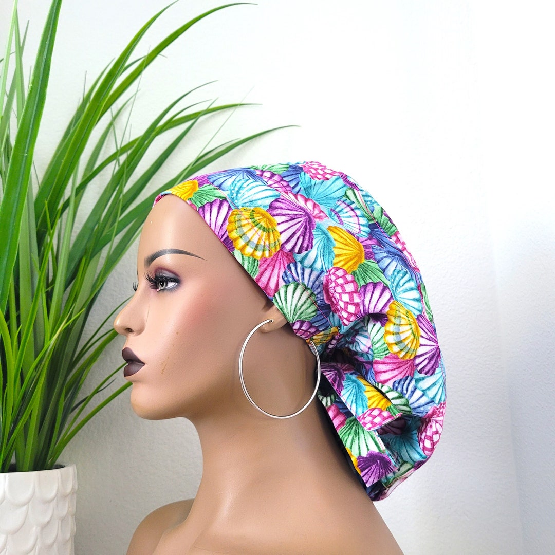 Large, Island Seashells Satin Lined Scrub Hat, Protect Hair W/satin ...