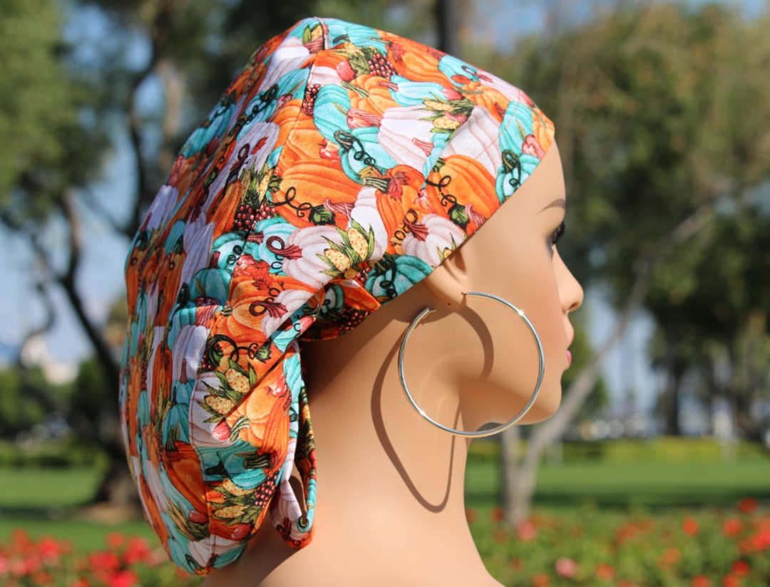 Medium Pumpkin Patch Satin Lined Scrub Hat, Protect Hair W/satin Lined ...