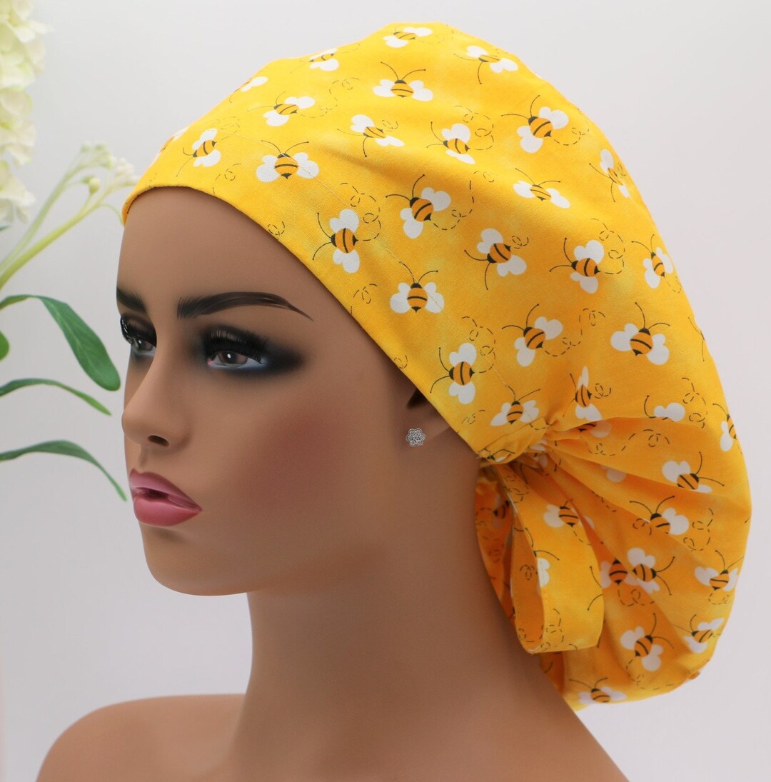Small Busy Bee Scrub Cap, Protect Hair W/satin Lined Ponytail Scrub Cap ...