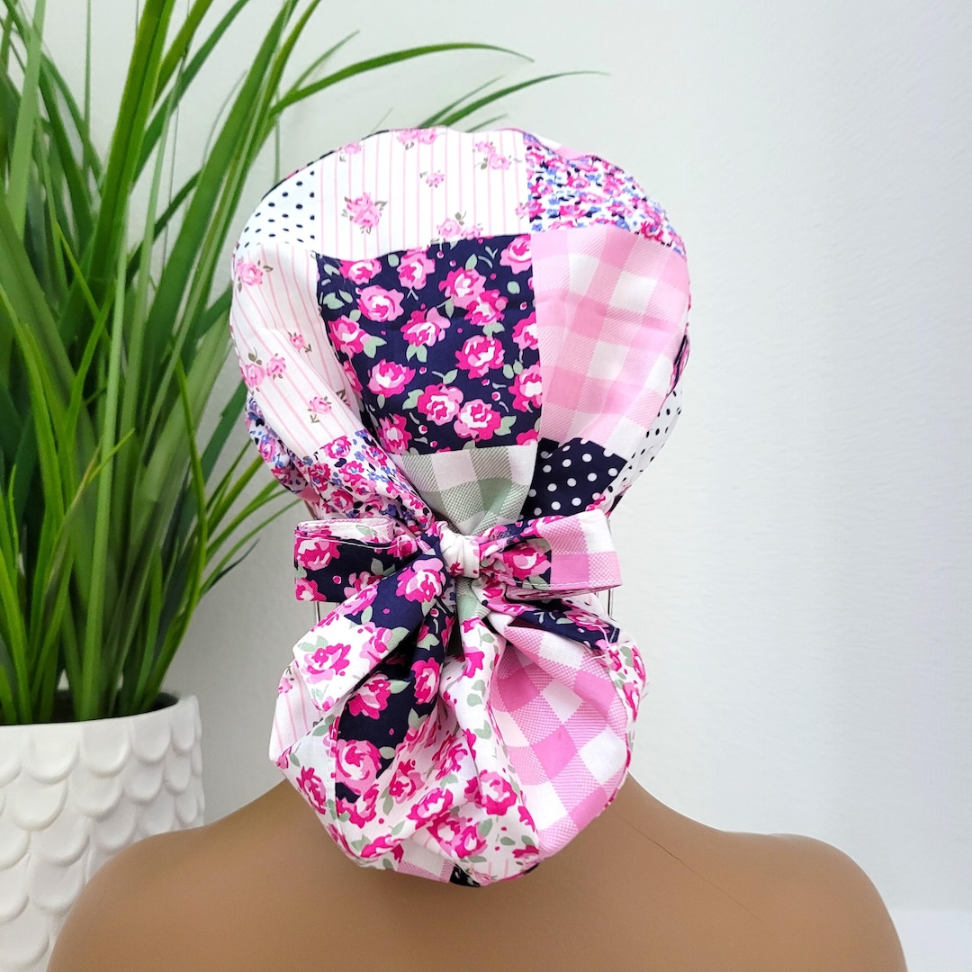 Medium, Floral Patchwork Satin Lined Scrub Cap, Protect Hair W/satin ...
