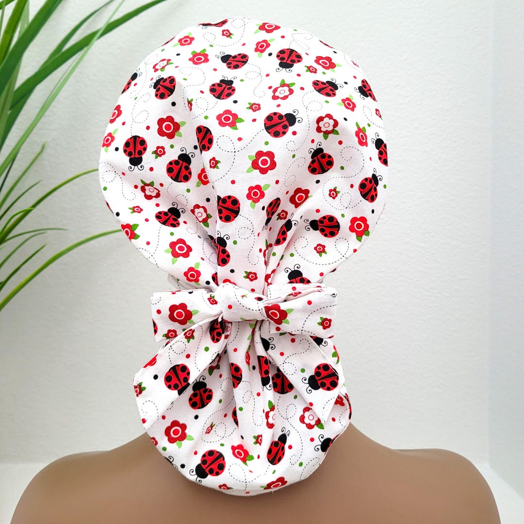 Large, Cute Miss Ladybug, Satin Lined Scrub Hat, Protect Hair W/satin ...