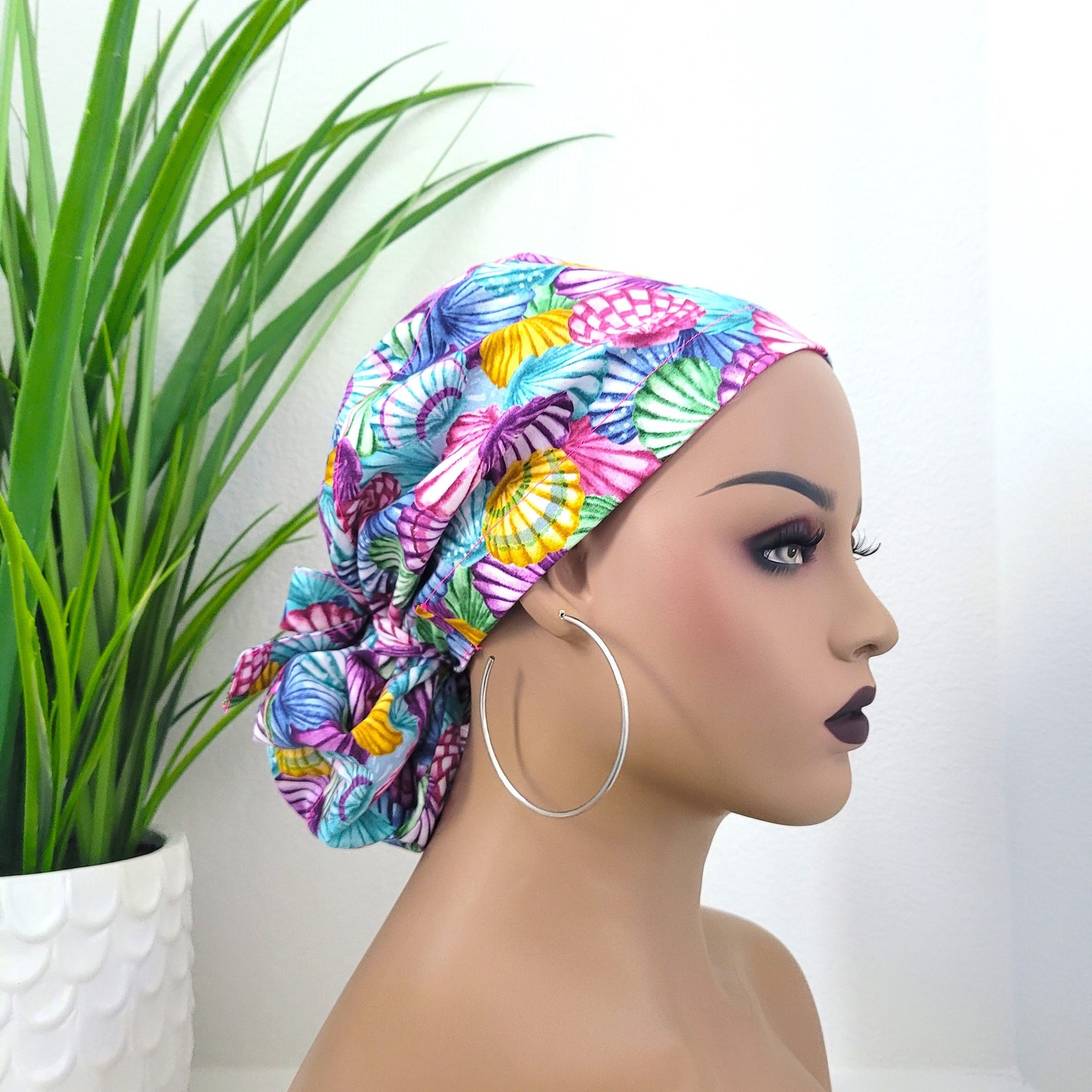 Small, Island Seashells Satin Lined Scrub Hat, Protect Hair W/satin ...