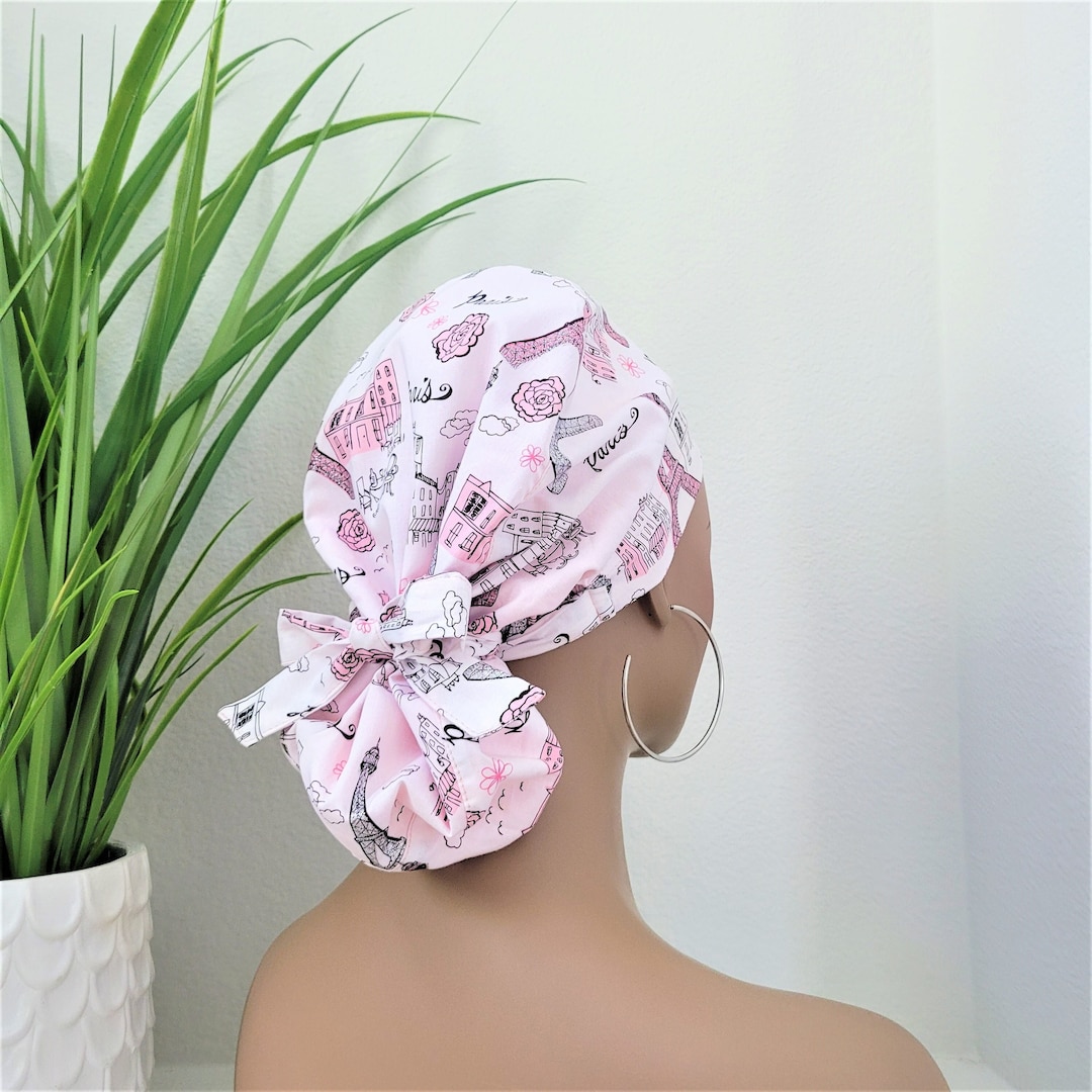 Large Pink Paris Scrub Cap, Protect Hair W/satin Lined Ponytail Scrub ...