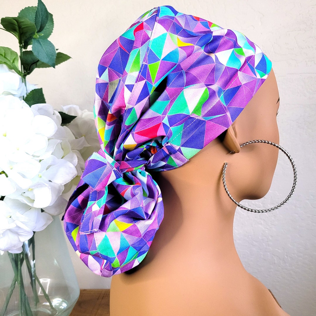 Large Purple Geometric Satin Lined Scrub Hat, Protect Hair W/satin ...