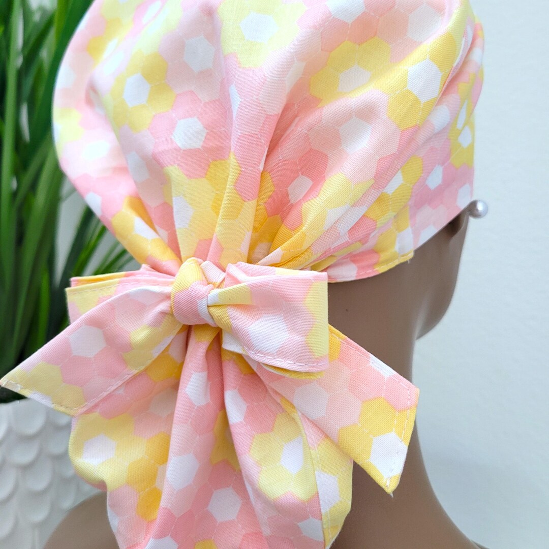 Large, Pink/yellow Floral, Satin Lined Scrub Hat, Protect Hair W/satin ...