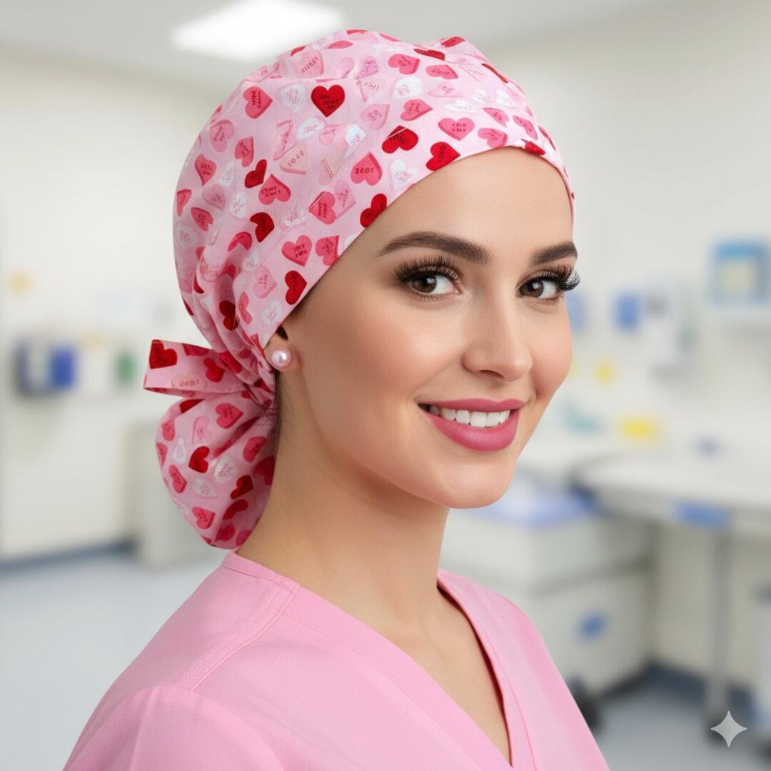 Medium, Valentine's Day Candy Hearts Satin Lined Scrub Hat, Satin Lined ...