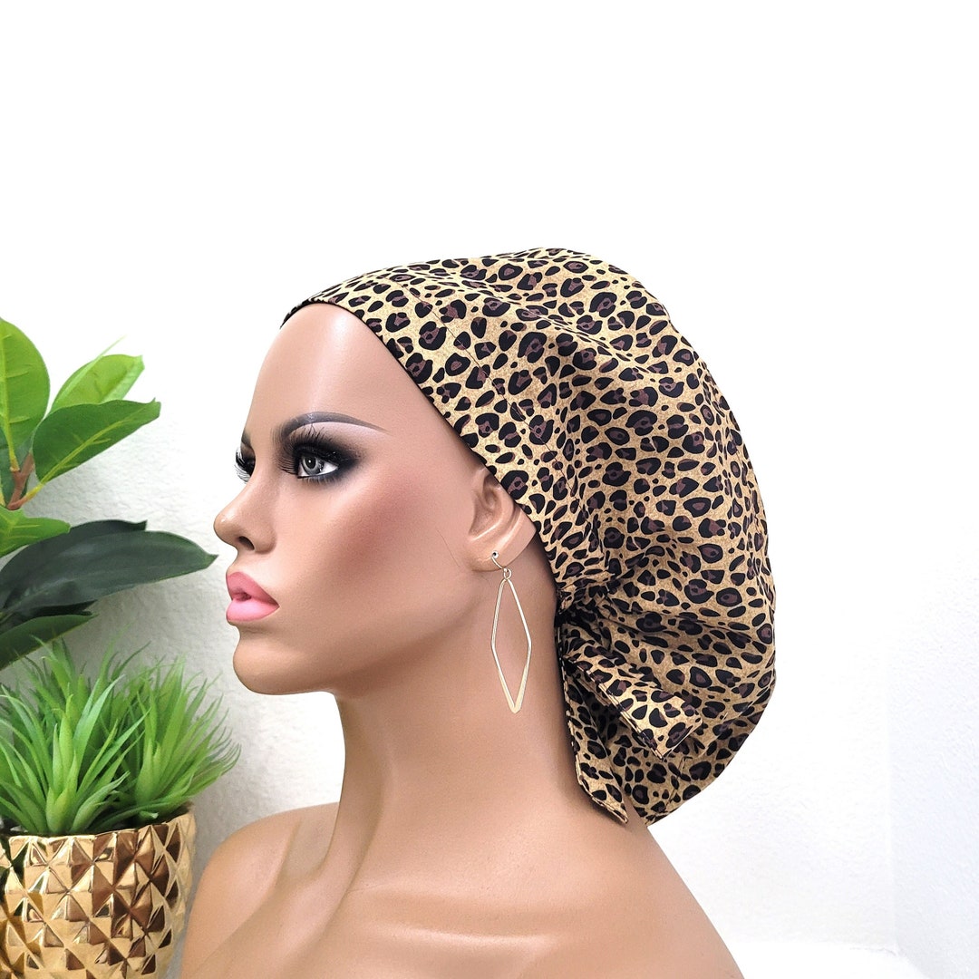 Large Leopard Print Satin Lined Scrub Hat, Protect Hair W/satin Lined ...