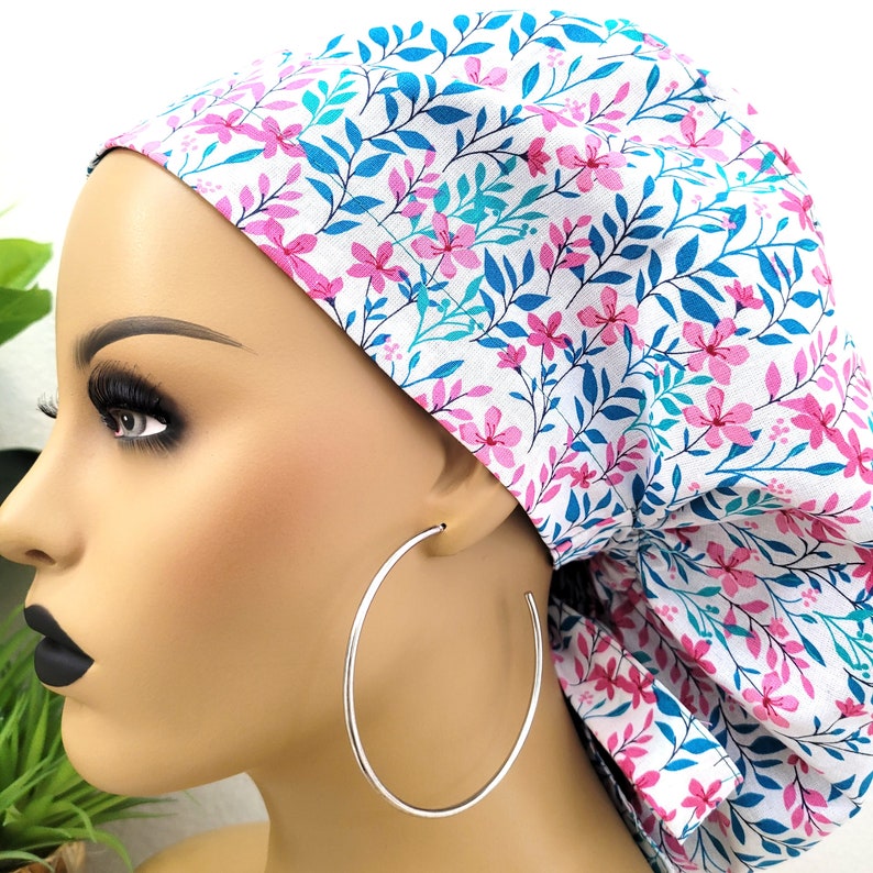 Large Floral Satin Lined Ponytail Scrub Hat, Protect Hair W/satin Lined ...
