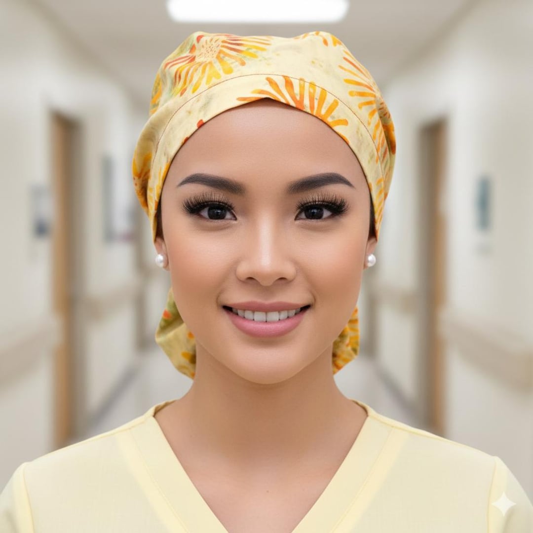 Small, Floral Batik Orange/green Fabric Satin Lined Scrub Hat, Protect ...