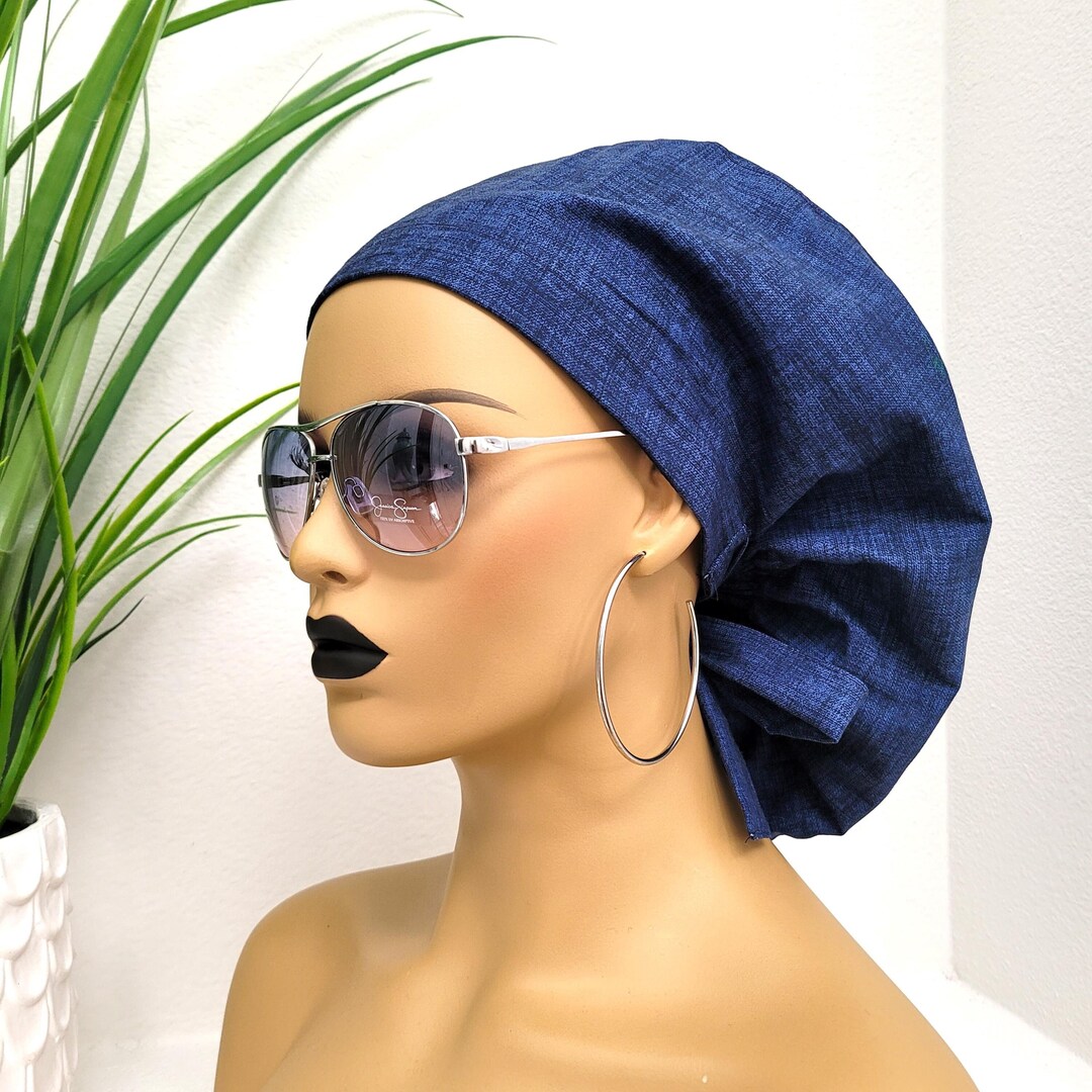 Large, Bold Denim Look Satin Lined Scrub Hat, Protect Hair W/satin ...