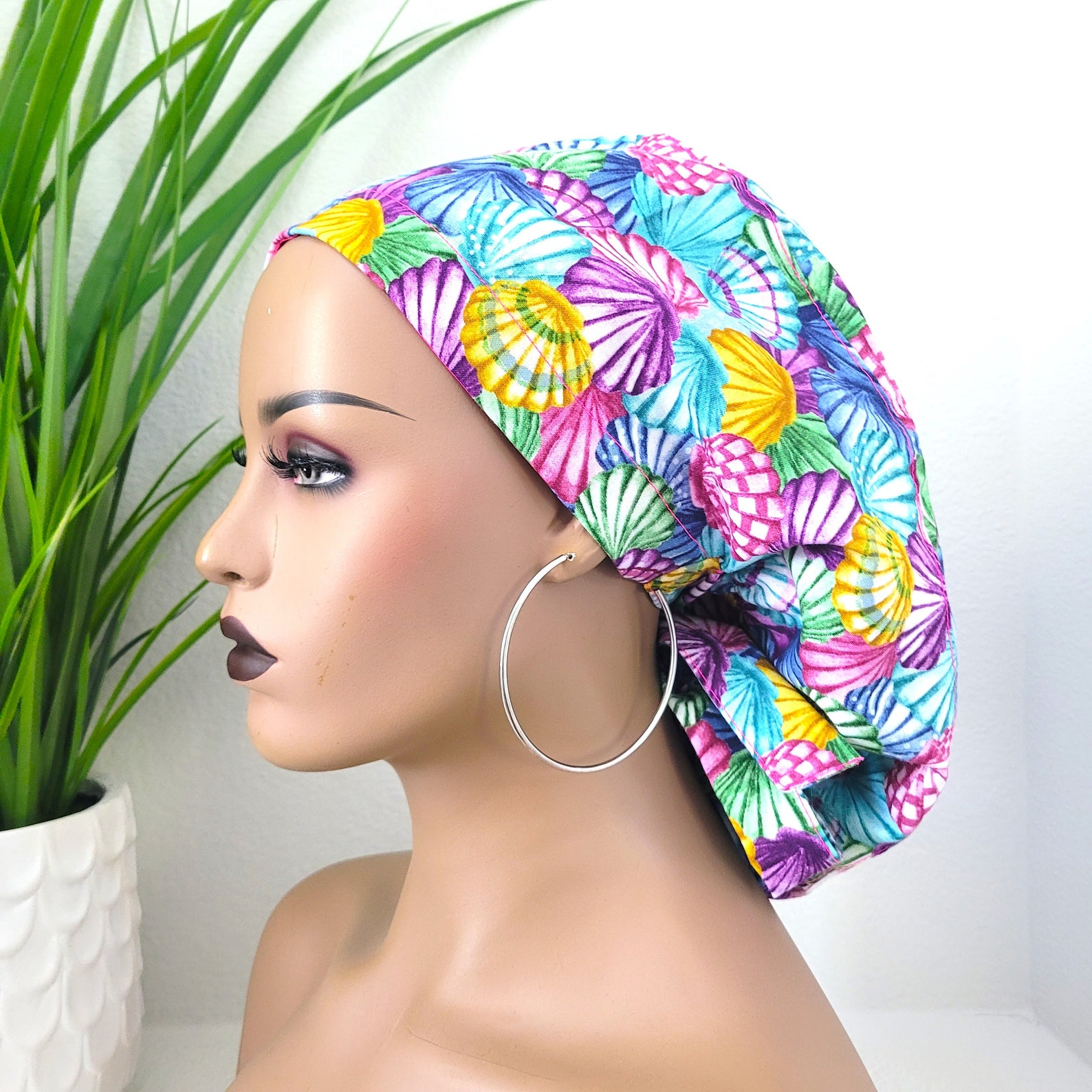 Small, Island Seashells Satin Lined Scrub Hat, Protect Hair W/satin ...