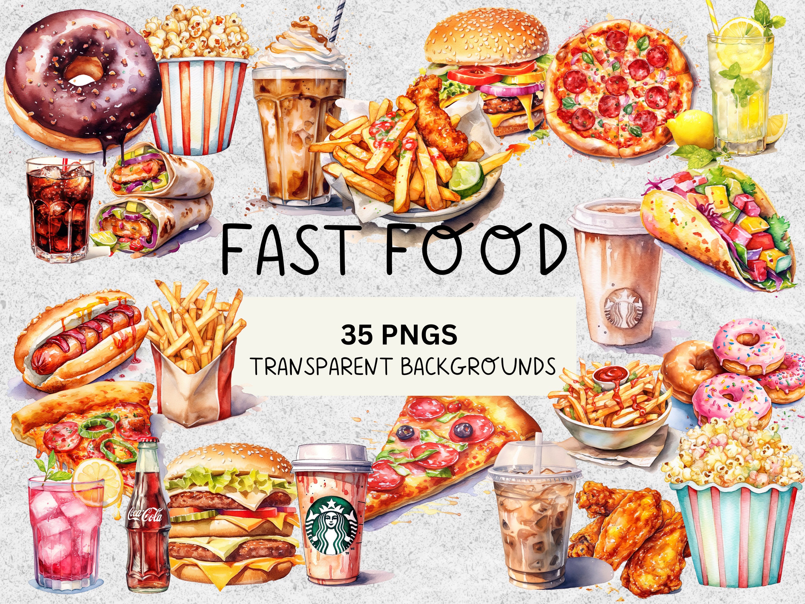 Fast Food Watercolour Clipart Pack Junk Food Clipart Pizza Burger Fizzy ...