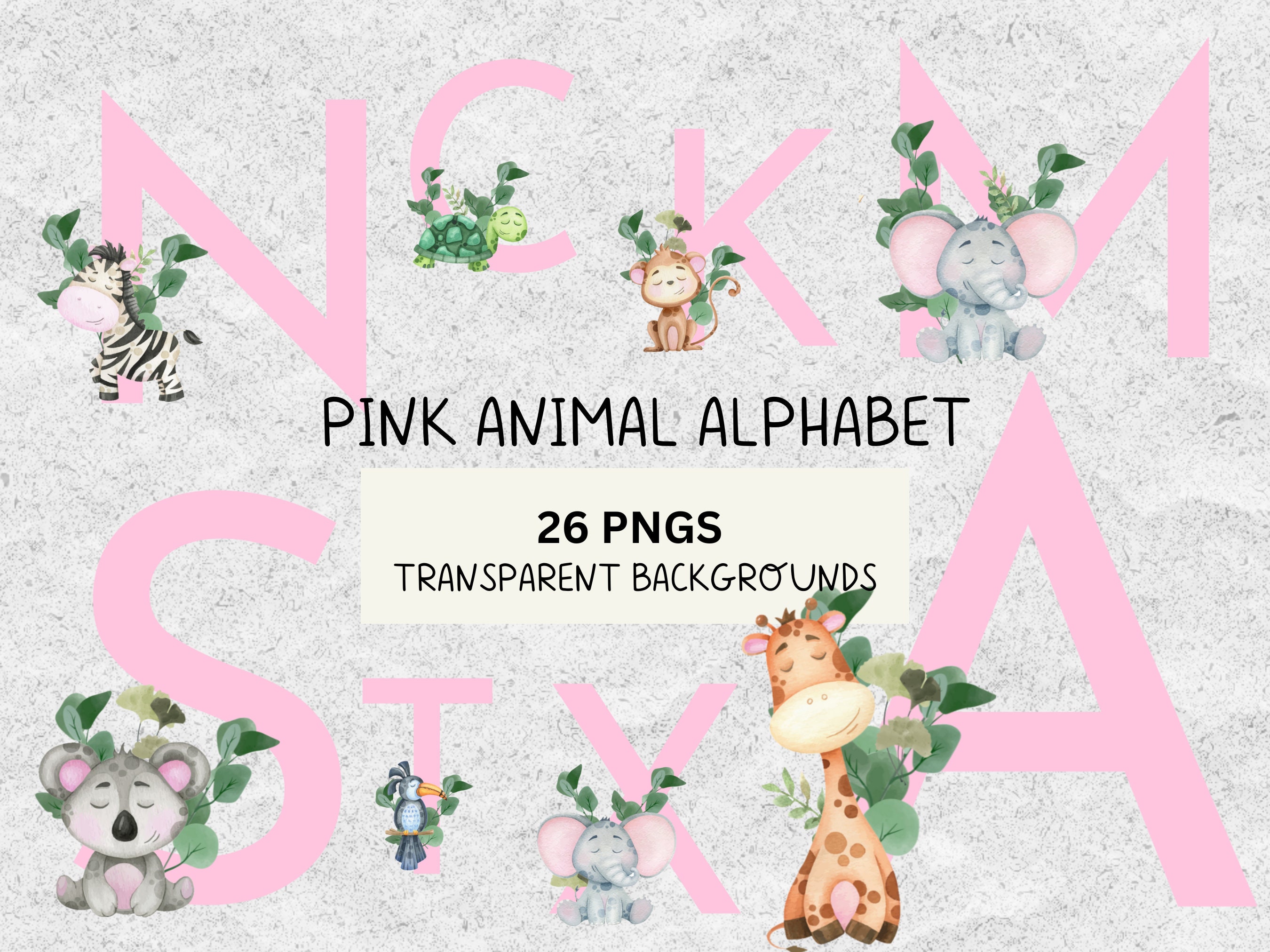 Safari Animal Alphabet Clipart Cute Pink Watercolour Alphabet - Etsy