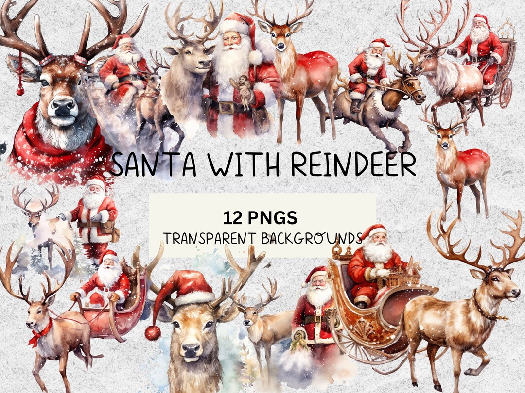 Santa Claus Reindeer Image Watercolour Christmas Clipart Santa Clipart ...