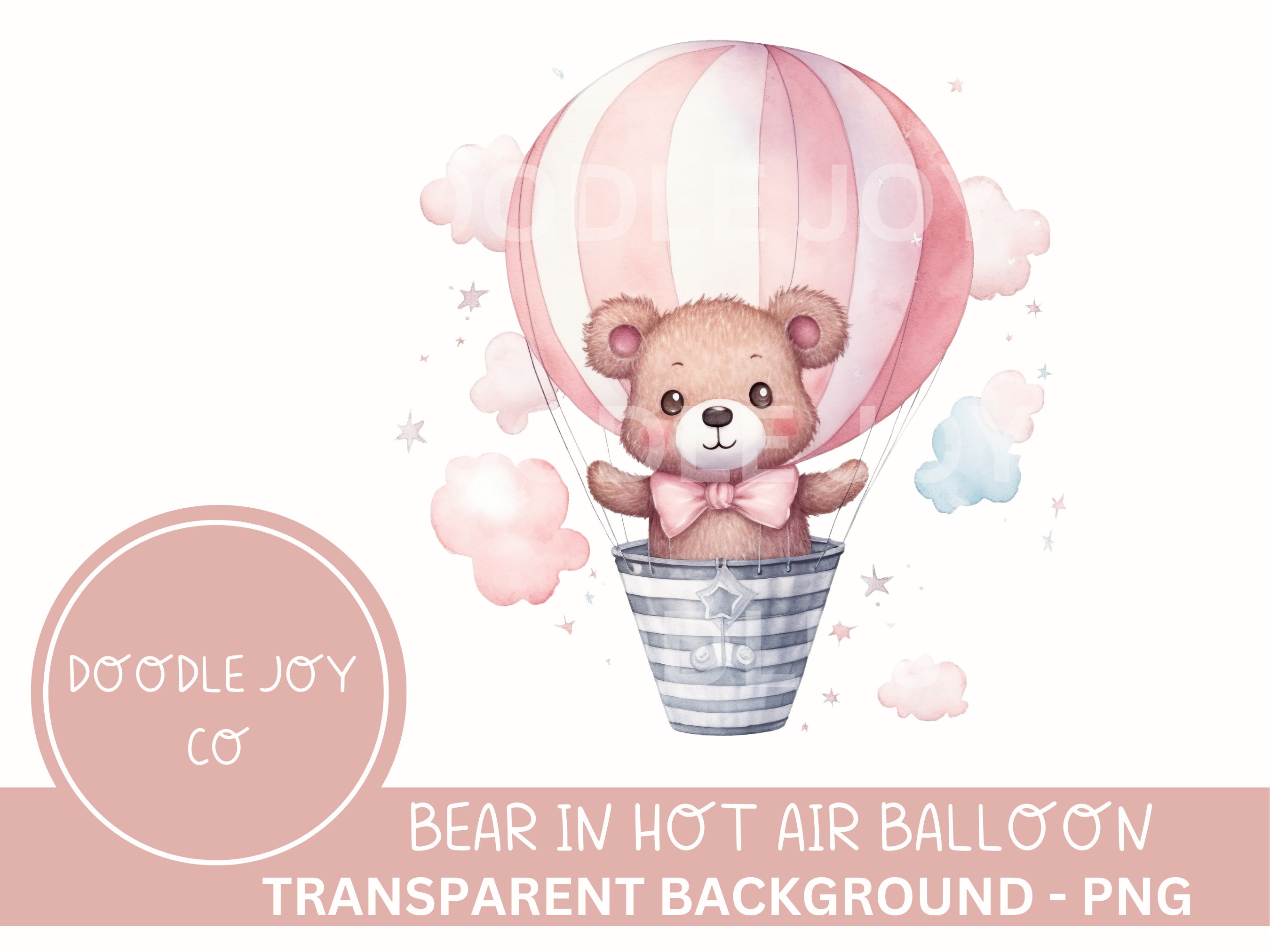 Watercolour Teddy Bear in Hot Air Balloon Clipart Pack Baby Shower Pink ...