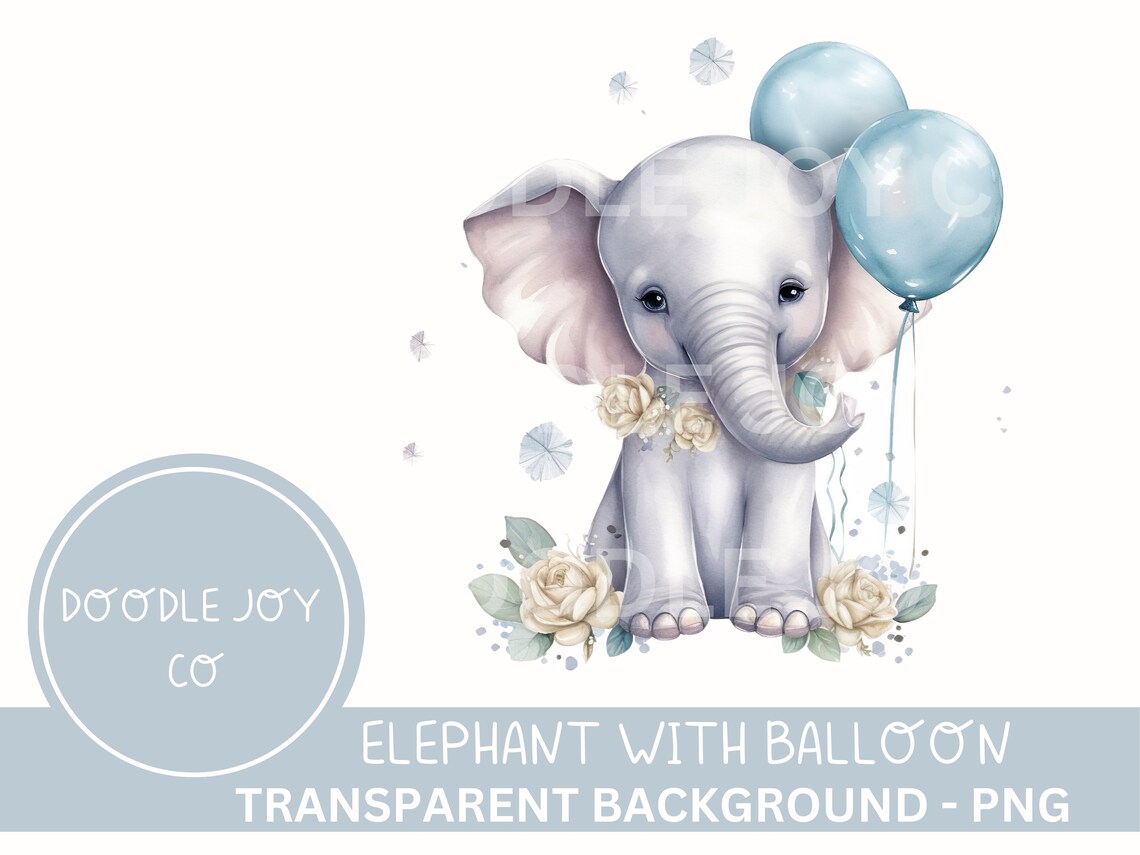 Watercolour Baby Elephant Clipart Blue Balloon Baby Shower Clipart Art ...