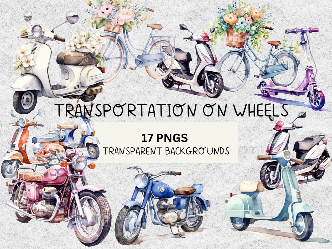 Watercolour Transportation Clipart Pack Bicycle Clipart Motorbike ...