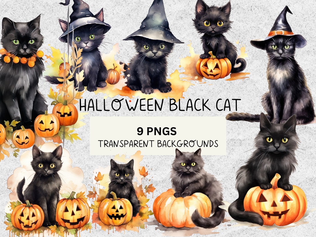 Halloween Clipart Watercolour Black Cat Clipart Spooky Clipart for ...