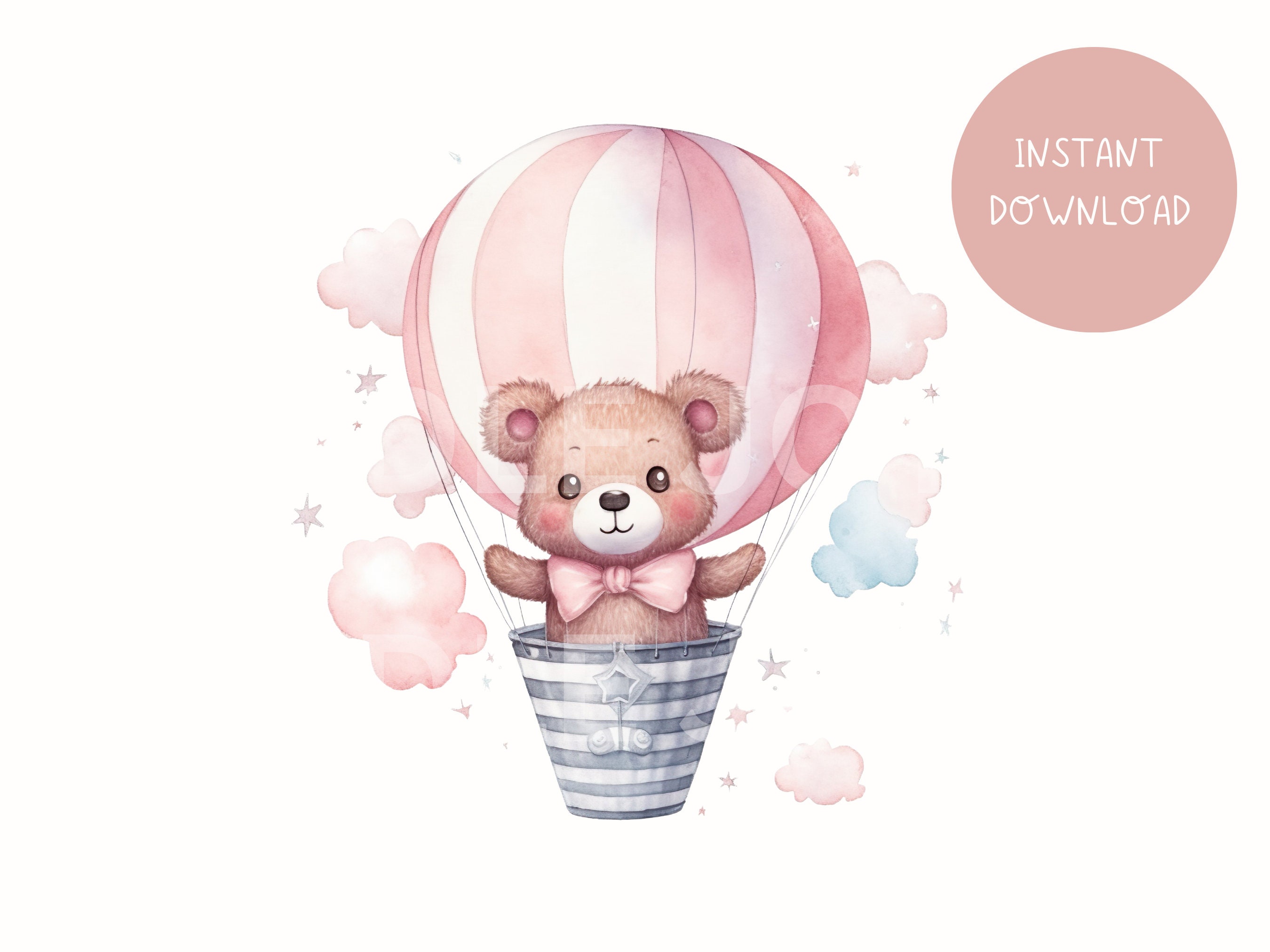 Watercolour Teddy Bear in Hot Air Balloon Clipart Pack Baby Shower Pink ...