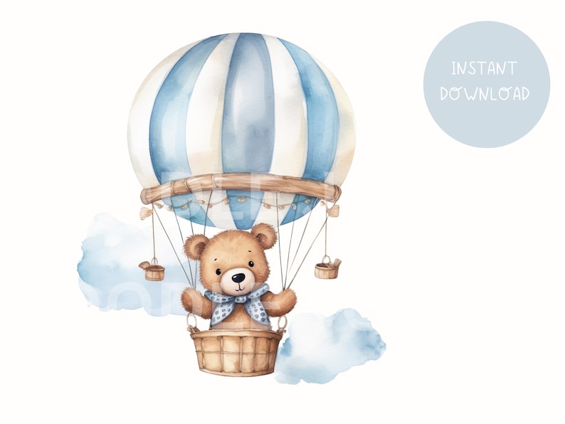 Watercolour Teddy Bear in Hot Air Balloon Clipart Pack Baby Shower Blue ...
