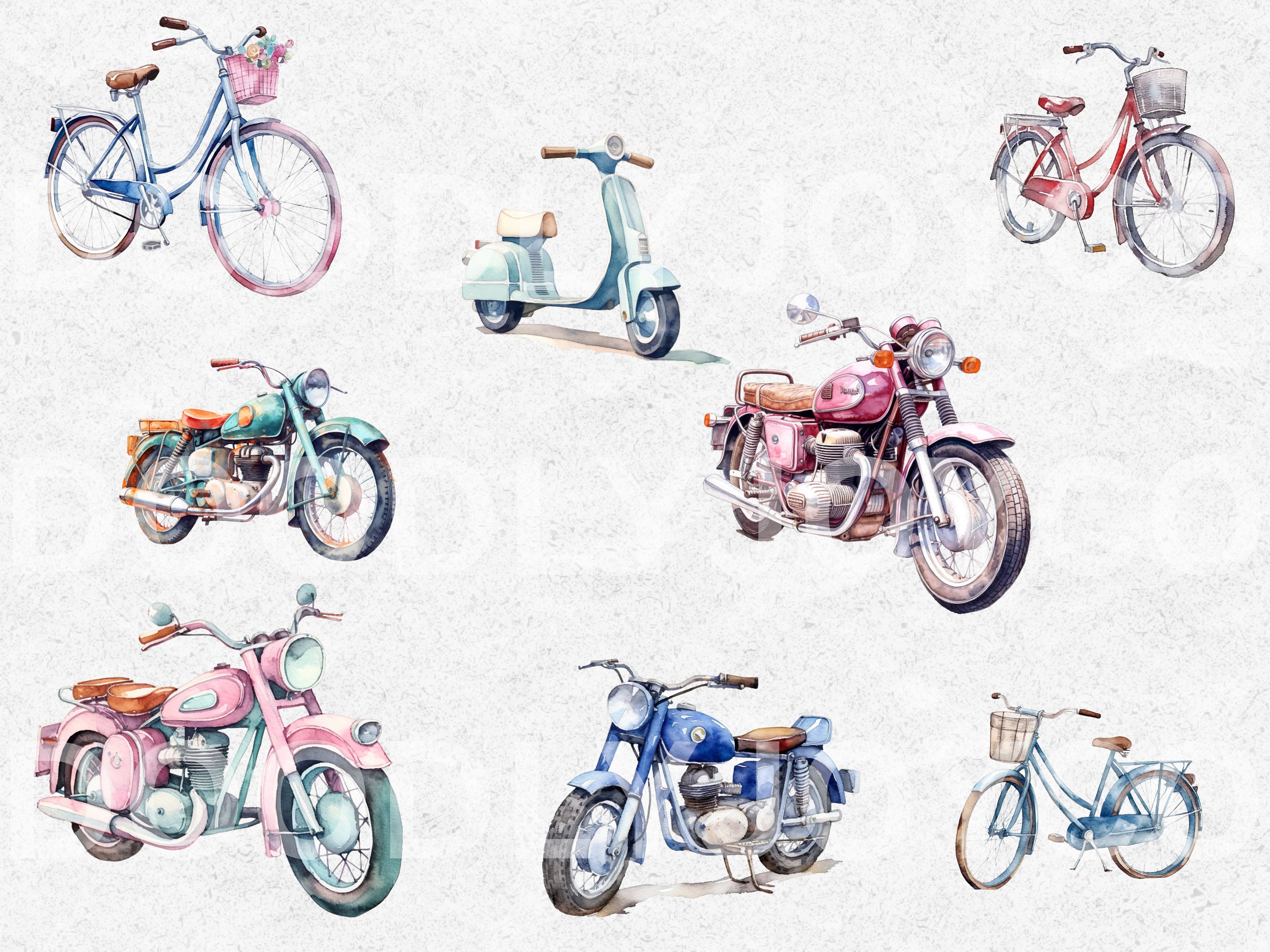 Watercolour Transportation Clipart Pack Bicycle Clipart Motorbike ...