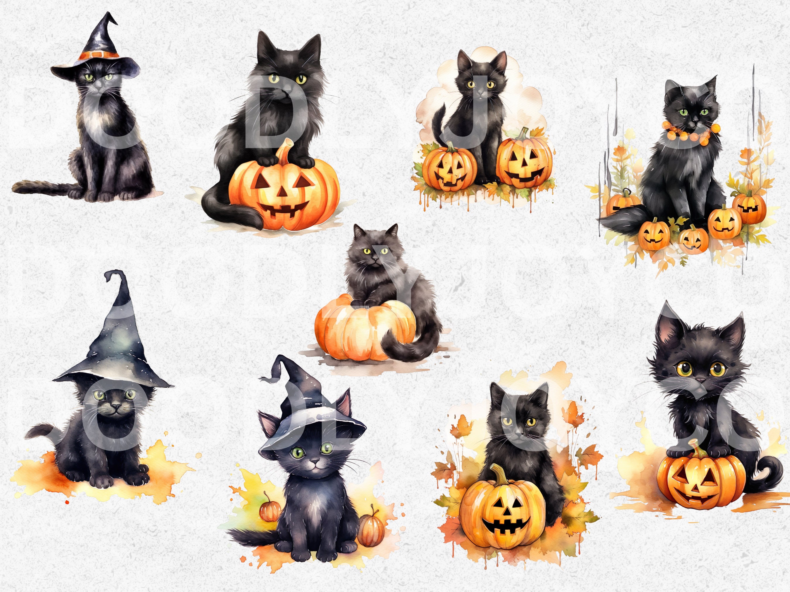 Halloween Clipart Watercolour Black Cat Clipart Spooky Clipart for ...