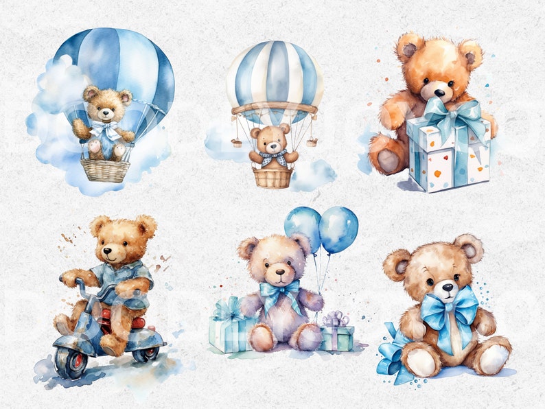 Watercolour Teddy Bear Image Hot Air Balloon Clipart Pack Baby Shower ...