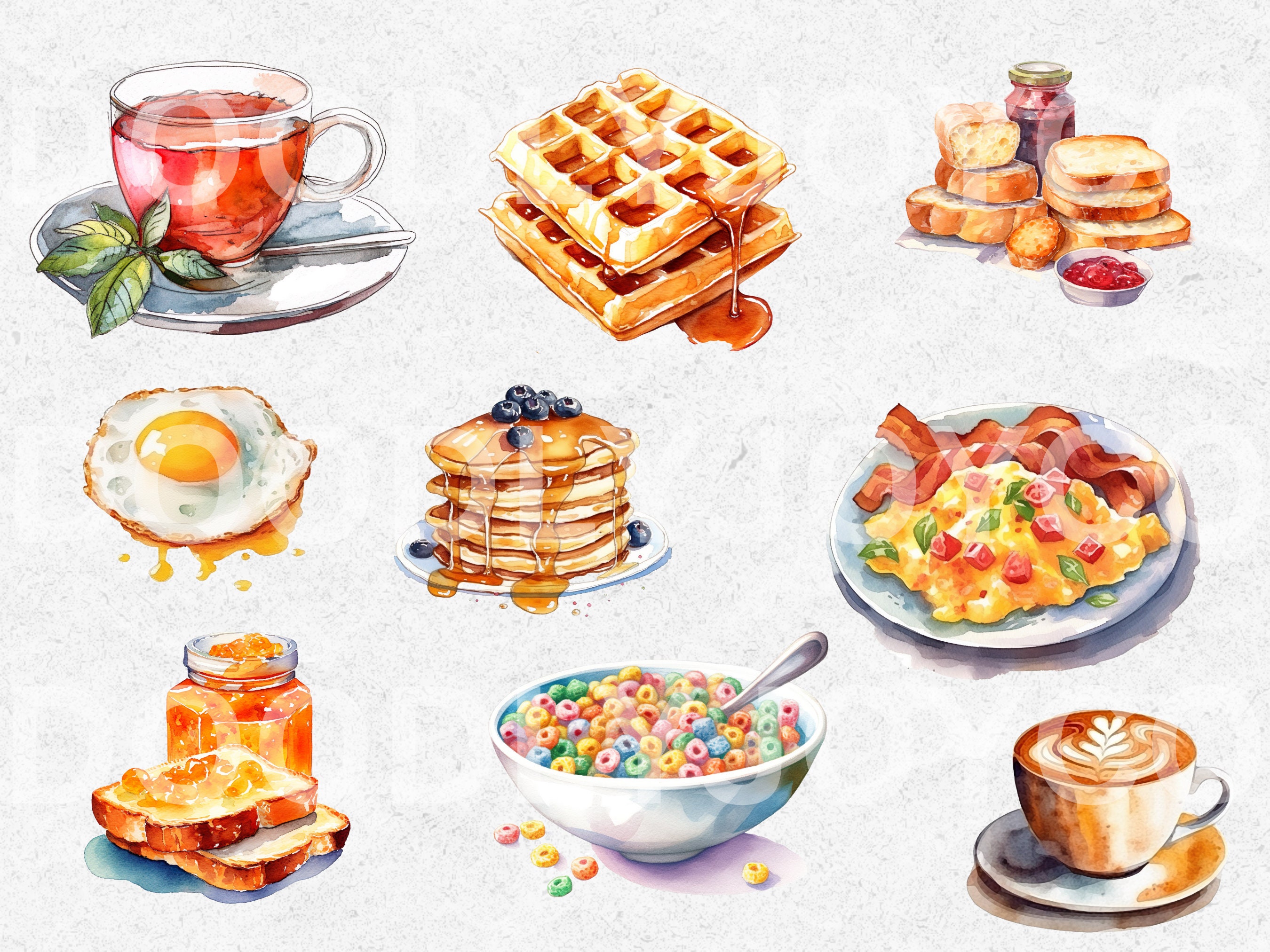 Breakfast Food Watercolour Clipart Pack Food Clipart Pancake Cereal Egg ...