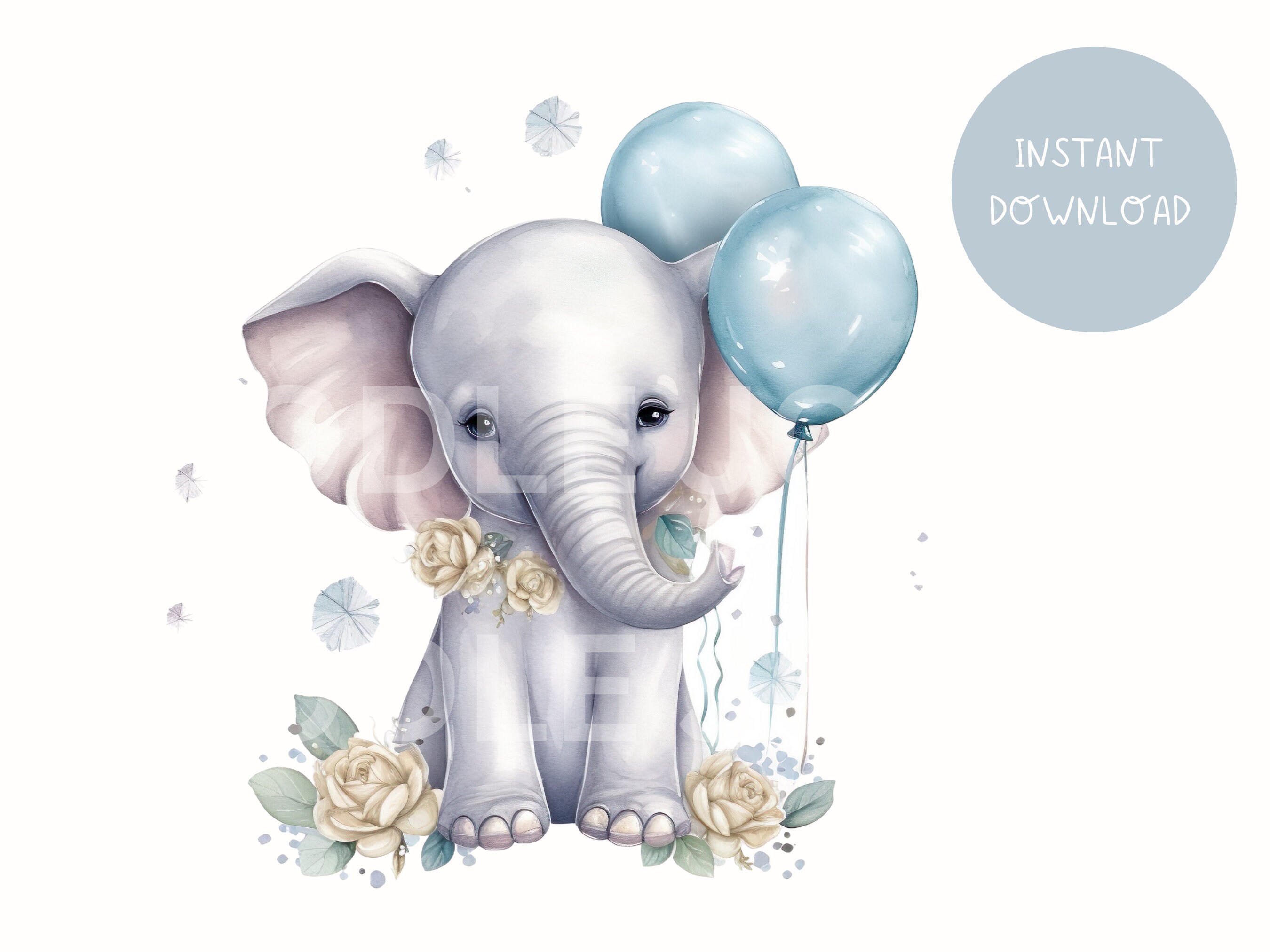 Watercolour Baby Elephant Clipart Blue Balloon Baby Shower Clipart Art ...