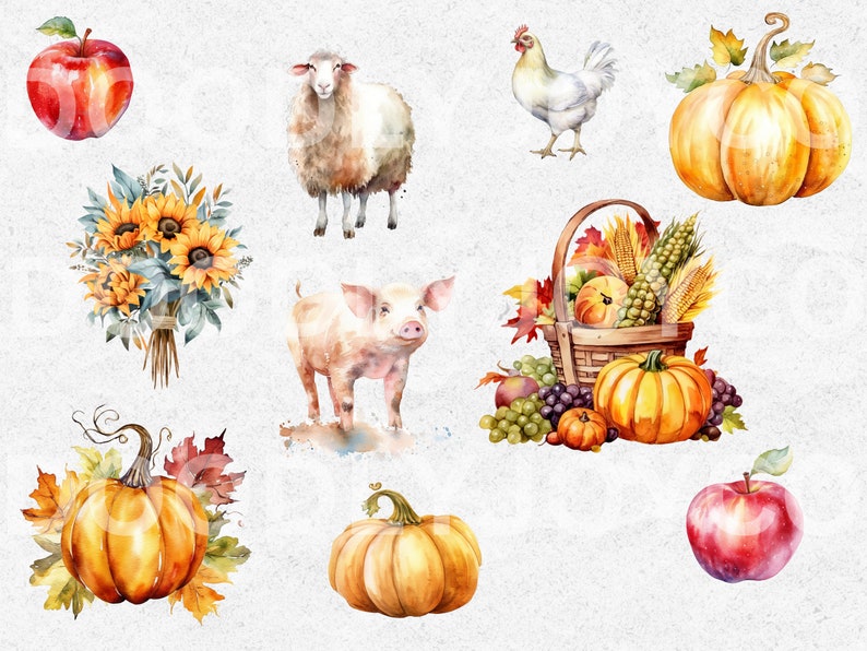 Thanksgiving Clipart Watercolour Harvest Clipart Pack Farm Animal ...