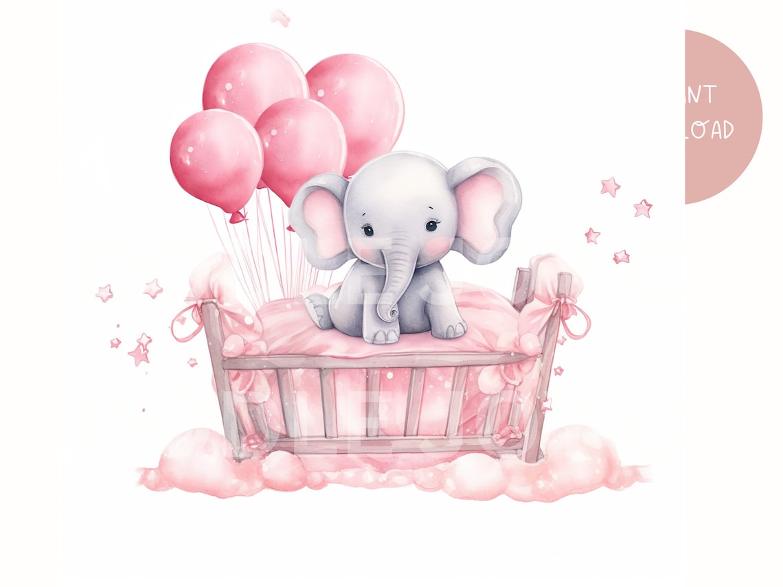 Watercolour Baby Elephant Clipart Pack Baby Shower Pink Clipart Art ...
