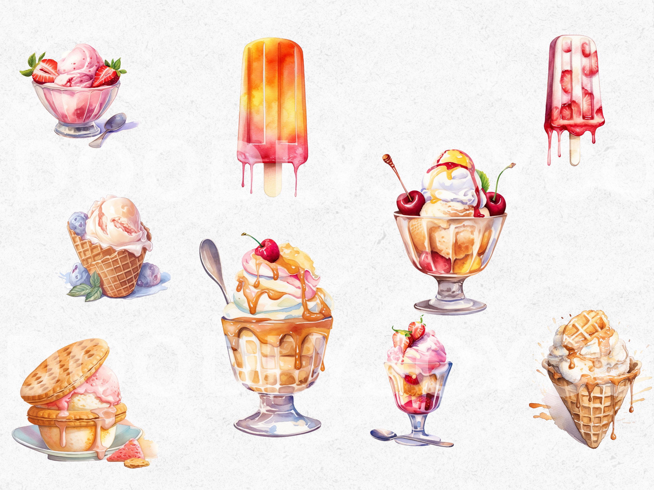 Watercolour Ice Cream Clipart Pack Dessert Watercolour Clipart Sundae ...