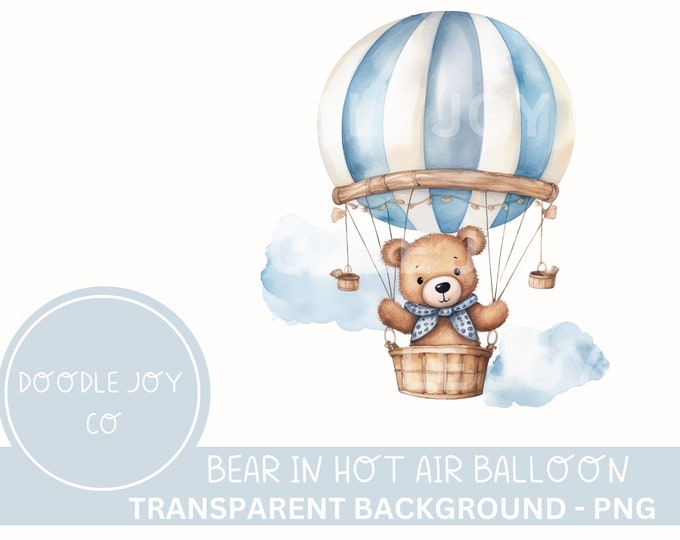 Watercolour Teddy Bear in Hot Air Balloon Clipart Pack Baby Shower Blue ...