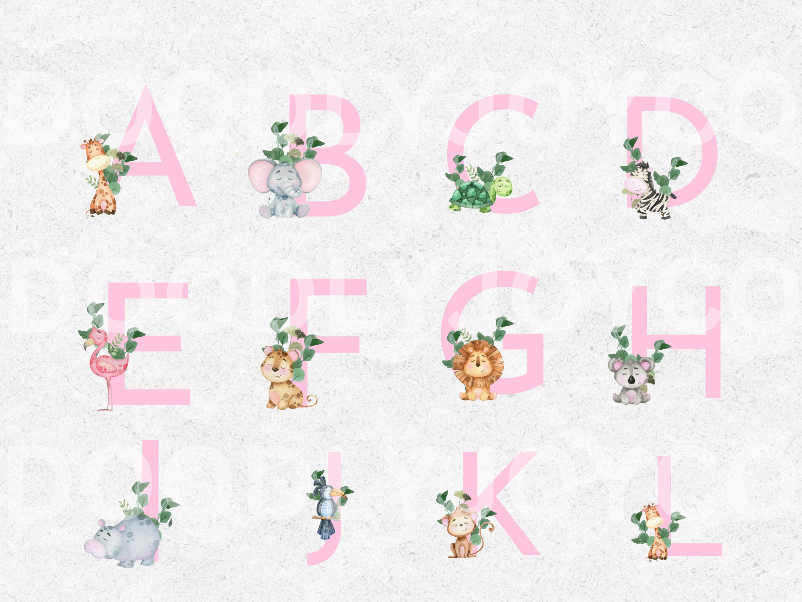 Safari Animal Alphabet Clipart Cute Pink Watercolour Alphabet - Etsy