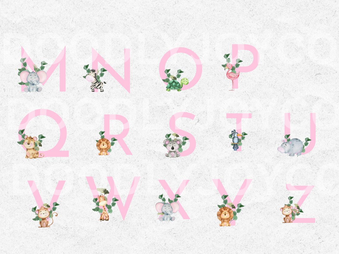 Safari Animal Alphabet Clipart Cute Pink Watercolour Alphabet Animal ...