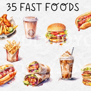 Fast Food Watercolour Clipart Pack Junk Food Clipart Pizza - Etsy