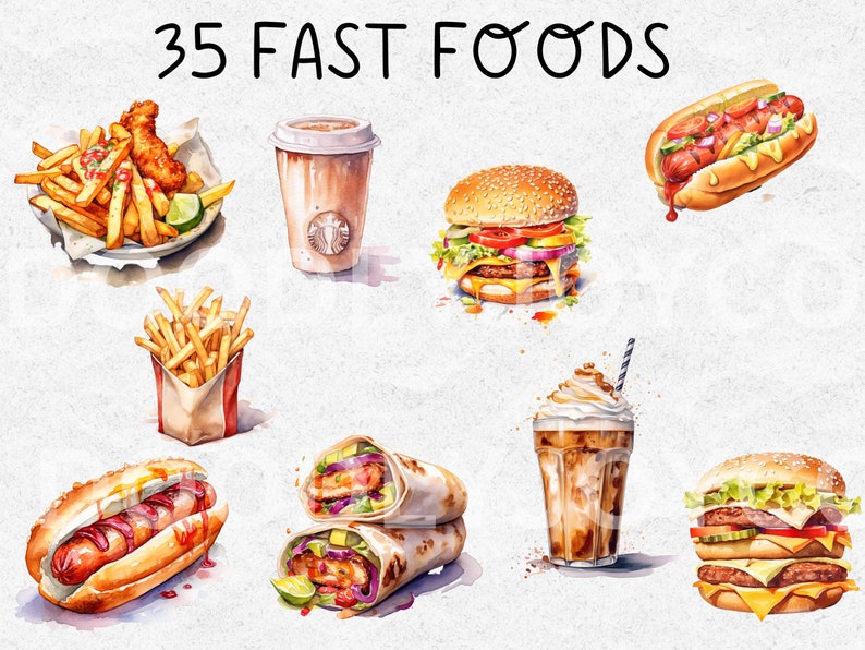 Fast Food Watercolour Clipart Pack Junk Food Clipart Pizza Burger Fizzy ...