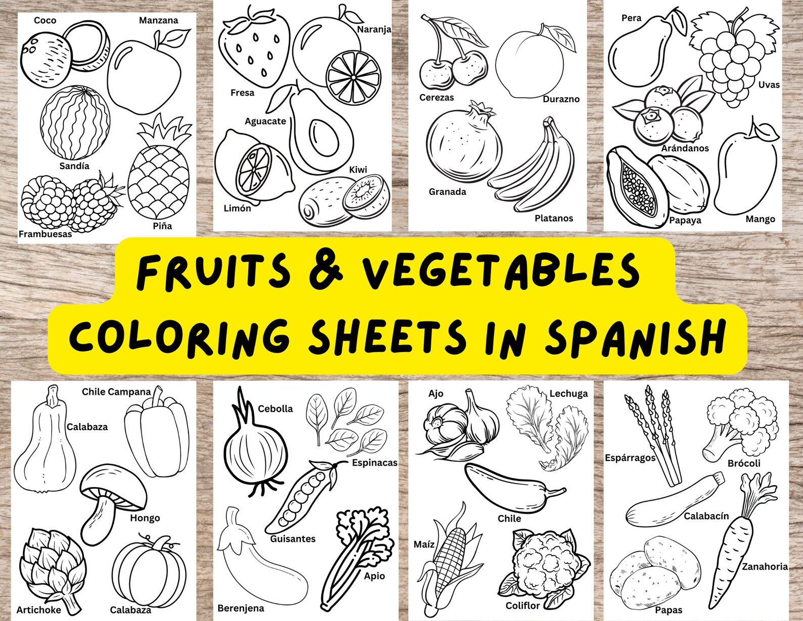 Fruits and Vegetables Coloring Pages for Kids in Spanish 10 - Etsy