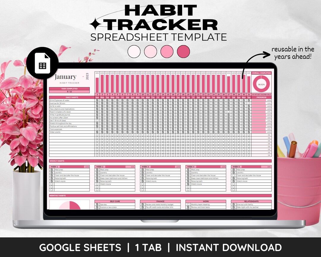 Pink Habit Tracker for Google Sheets, Spreadsheet Template, Daily Habit ...