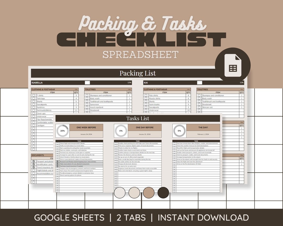 Packing List Spreadsheet for Google Sheets, To-do Checklist, Tasks List ...