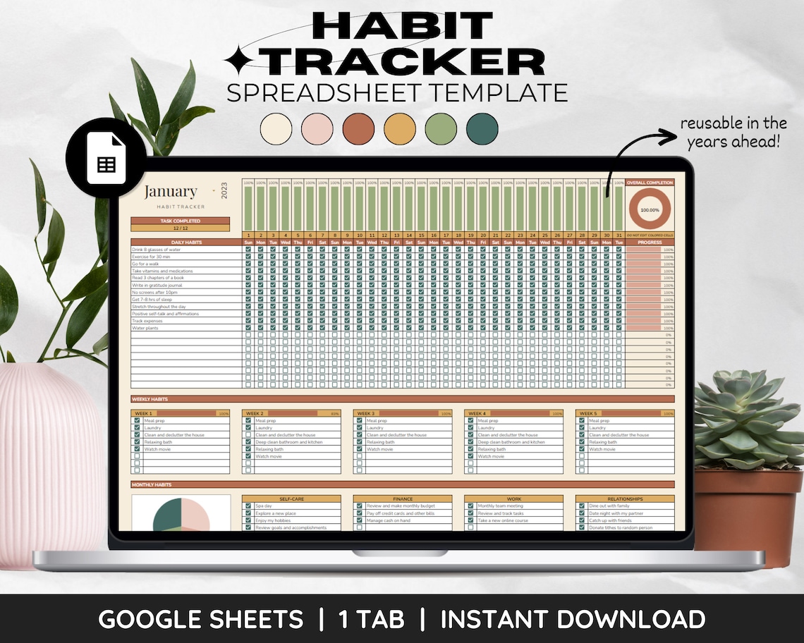 Habit Tracker Spreadsheet Template for Google Sheets, Daily Habit, Weekly Habit, Monthly Habit ...